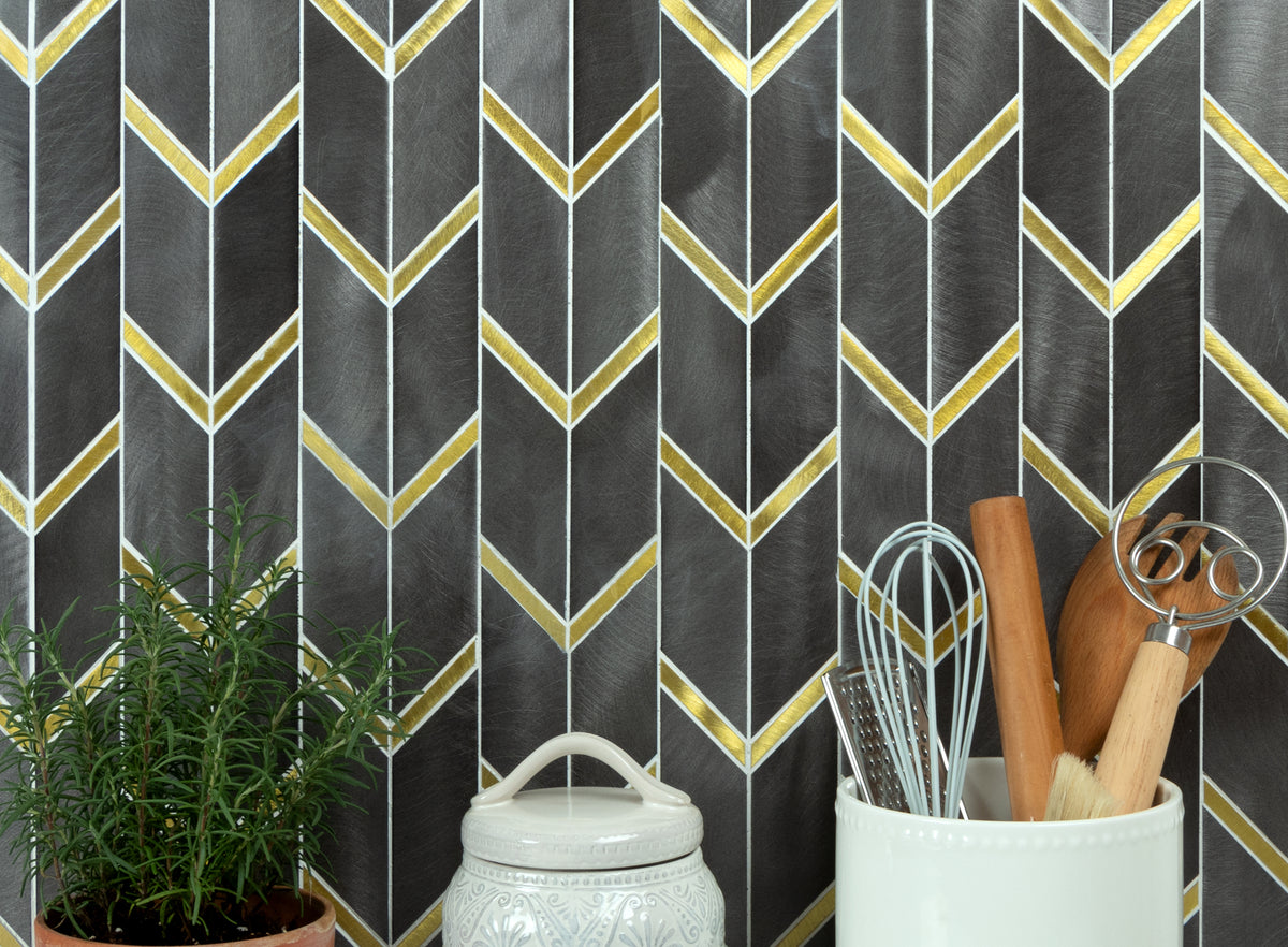 Twilight Mixed Size Aluminum Chevron Mosaic Wall Tile in Chrome and Go ...